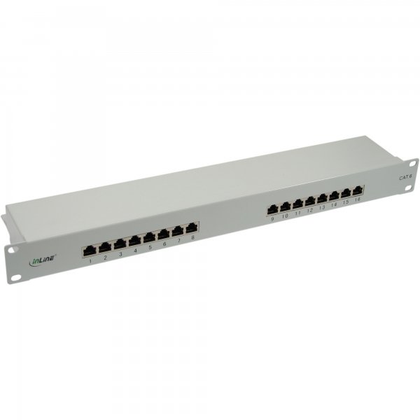 InLine® Patch Panel Cat.6 16 Port 19" 1HE light grey RAL7035 - Patch ...